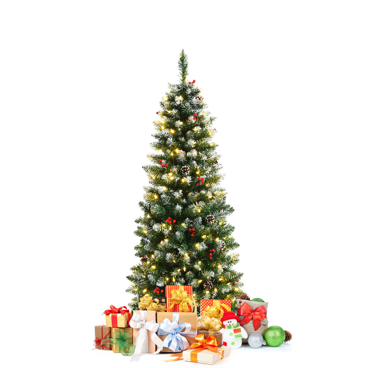1.5M Pre-Lit Christmas Slim Tree Snow Flocked Hinged Xmas Snowy Green ...
